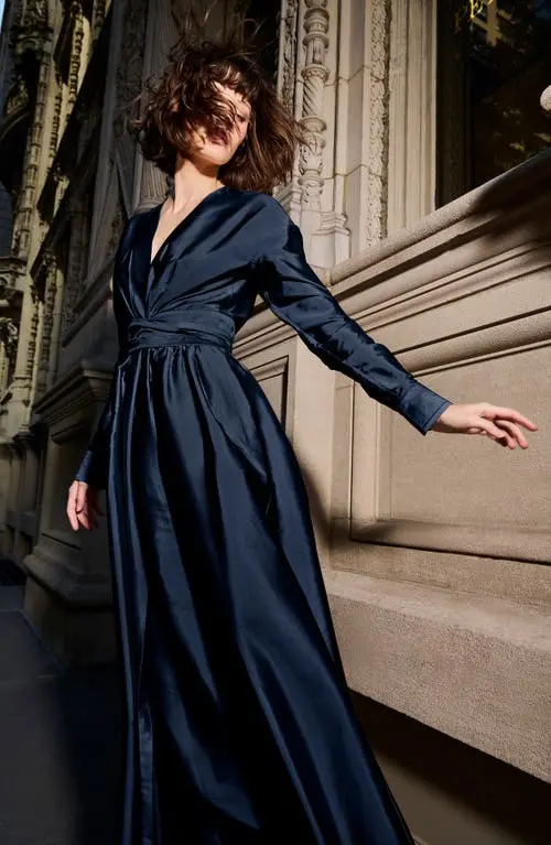 EMILY SHALANT Surplice Long Sleeve Taffeta Gown - Navy