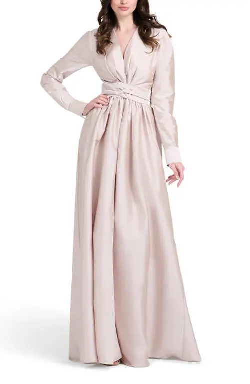 EMILY SHALANT Surplice Long Sleeve Taffeta Gown - Oyster