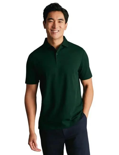 CHARLES TYRWHITT Short Sleeve Cotton Stretch Smart Pique Polo - Dark Green