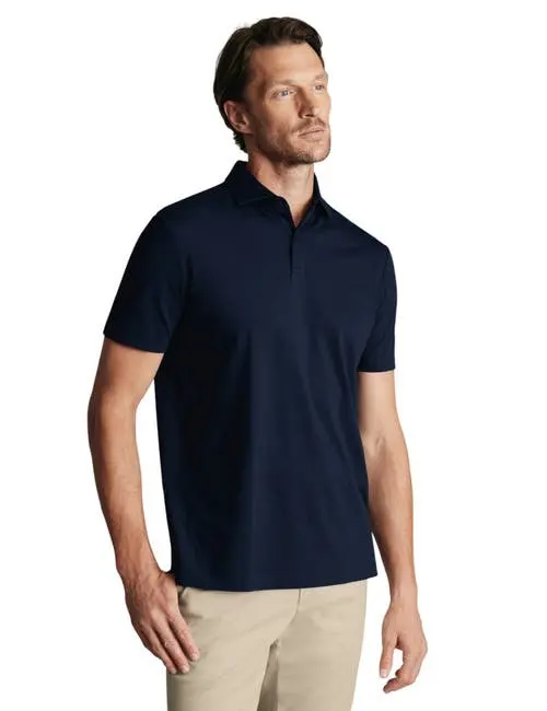 CHARLES TYRWHITT Short Sleeve Cotton Stretch Smart Pique Polo - Navy