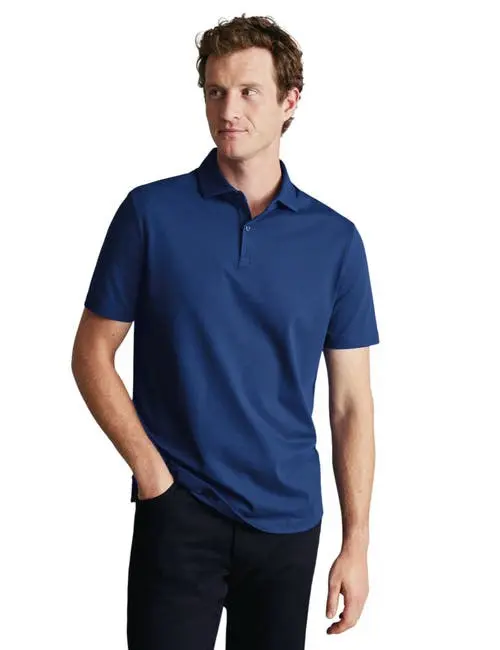 CHARLES TYRWHITT Short Sleeve Cotton Stretch Smart Pique Polo - Royal Blue