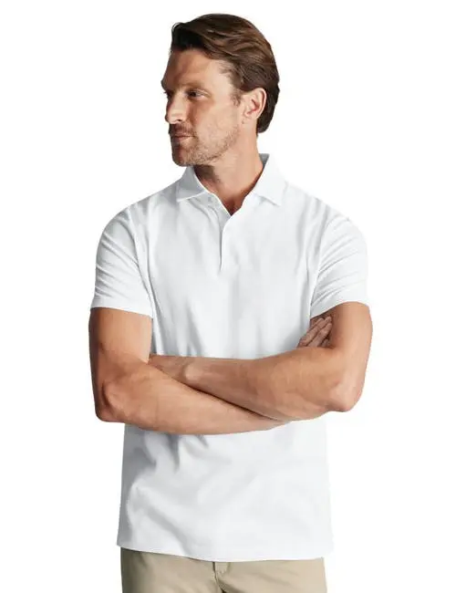 CHARLES TYRWHITT Short Sleeve Cotton Stretch Smart Pique Polo - White