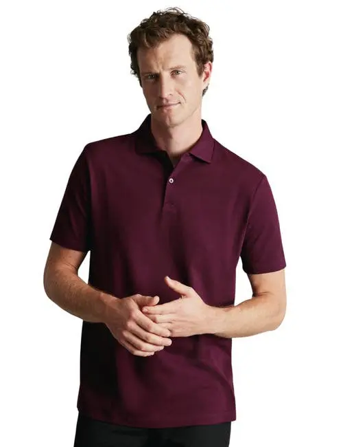 CHARLES TYRWHITT Short Sleeve Cotton Stretch Smart Pique Polo - Wine Red