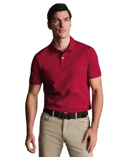 CHARLES TYRWHITT Short Sleeve Cotton Stretch Pique Polo - Red