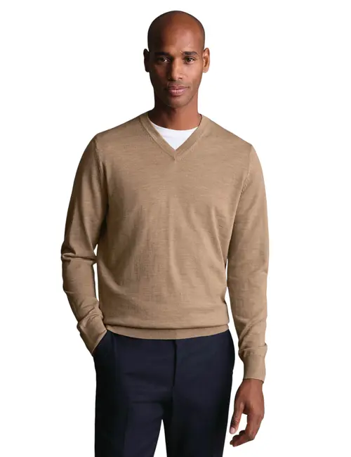 CHARLES TYRWHITT Merino Wool V-neck Sweater - Oatmeal