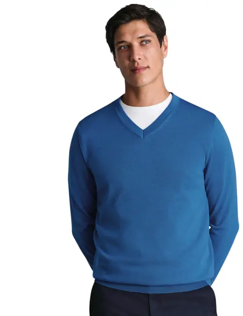 CHARLES TYRWHITT Merino Wool V-neck Sweater - Ocean Blue