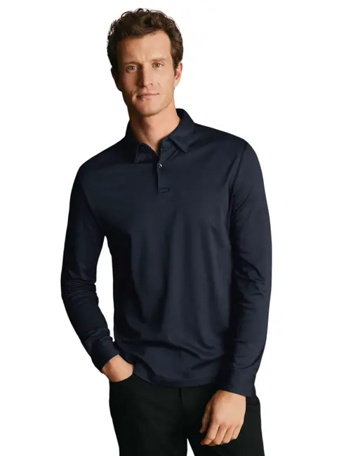CHARLES TYRWHITT Long Sleeve Jersey Polo - Navy