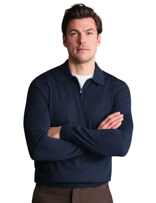 CHARLES TYRWHITT Merino Wool Zip Polo - Navy
