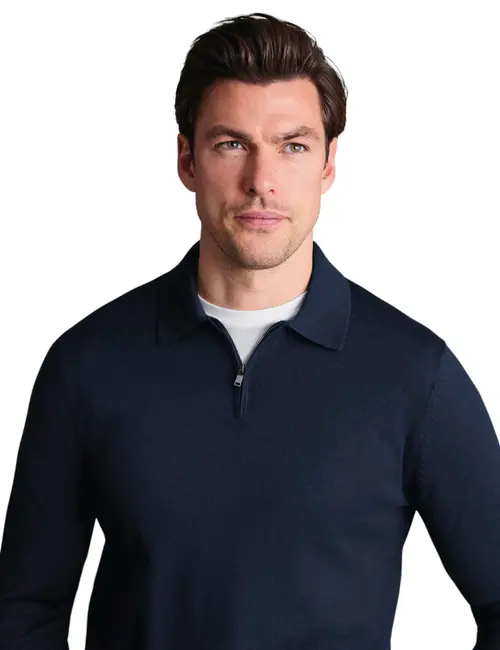 CHARLES TYRWHITT Merino Wool Zip Polo - Navy