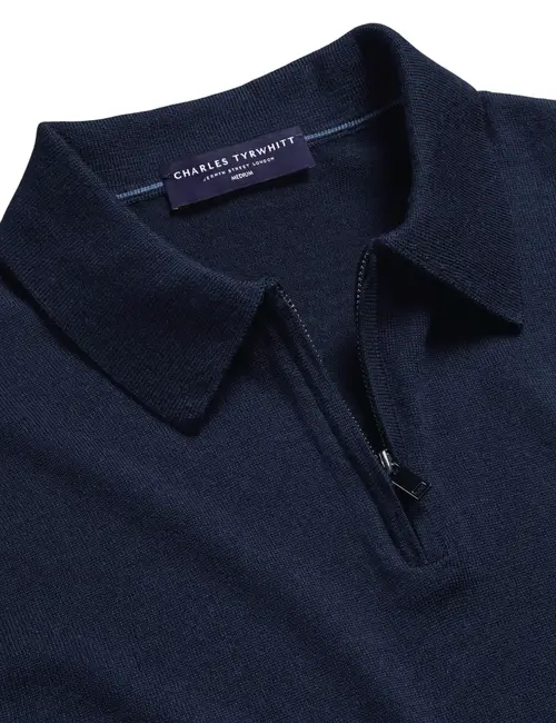 CHARLES TYRWHITT Merino Wool Zip Polo - Navy