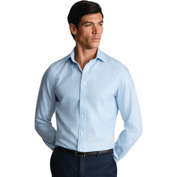 CHARLES TYRWHITT Non-iron Striped Herringbone Shirt - Light Blue