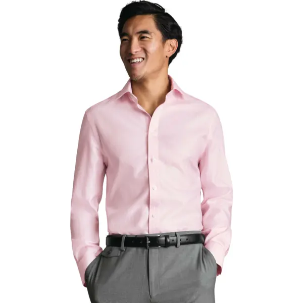 CHARLES TYRWHITT Non-iron Striped Herringbone Shirt - Light Pink