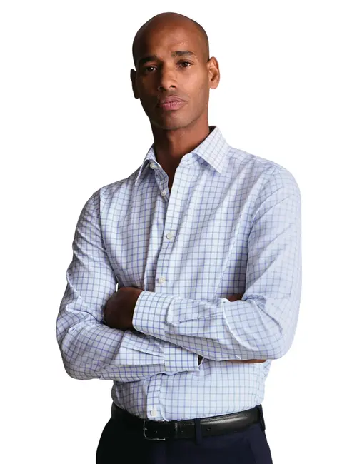 CHARLES TYRWHITT Non-iron Twill Grid Check Shirt - Sky Blue