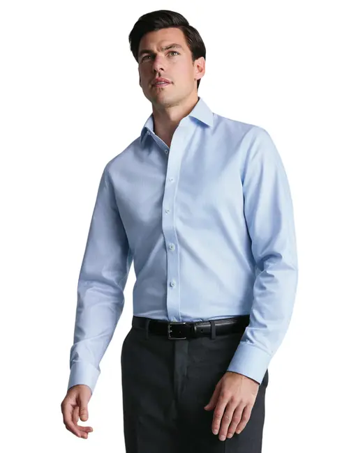 CHARLES TYRWHITT Non-iron Greenwich Weave Cutaway Shirt - Light Blue