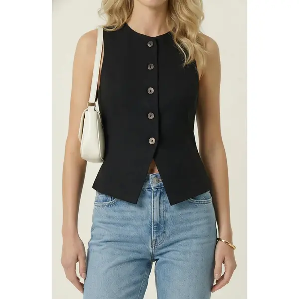 MODENAIRE Tailored Sleeveless Button-up Vest With Asymmetrical Hem - Black