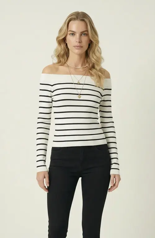 MODENAIRE Off-the-shoulder Striped Knit Top - White/black Stripes