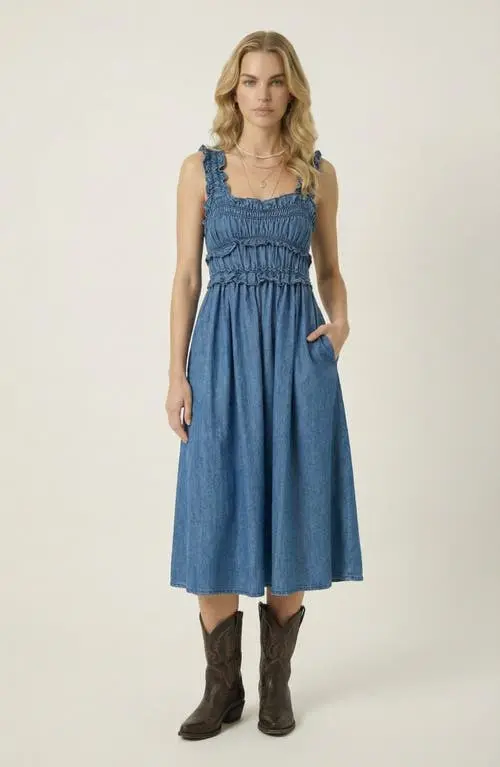 MODENAIRE Smocked Bodice Midi Dress With Ruffled Straps - Medium Wash Blue