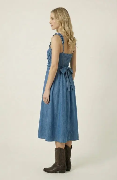 MODENAIRE Smocked Bodice A-line Midi Dress