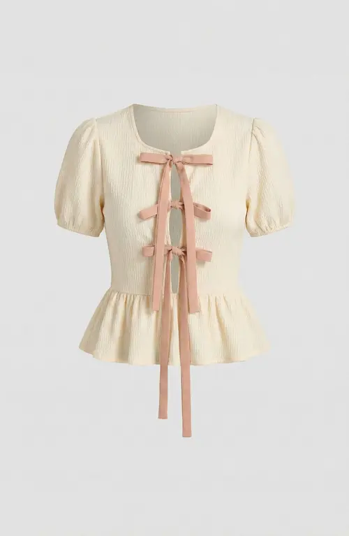 MODENAIRE Puff-sleeve Bow-tie Front Peplum Blouse