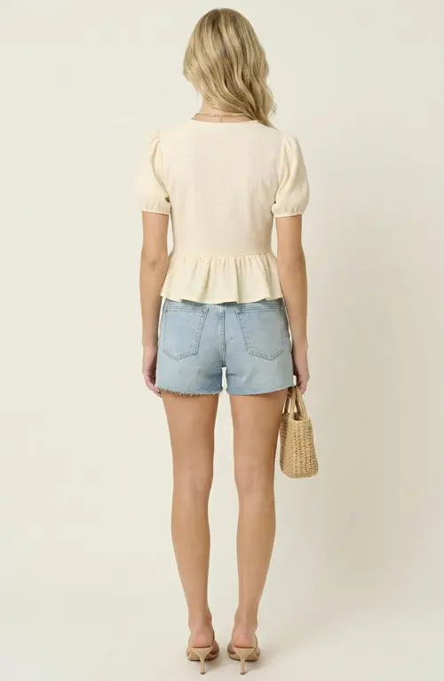 MODENAIRE Puff-sleeve Bow-tie Front Peplum Blouse