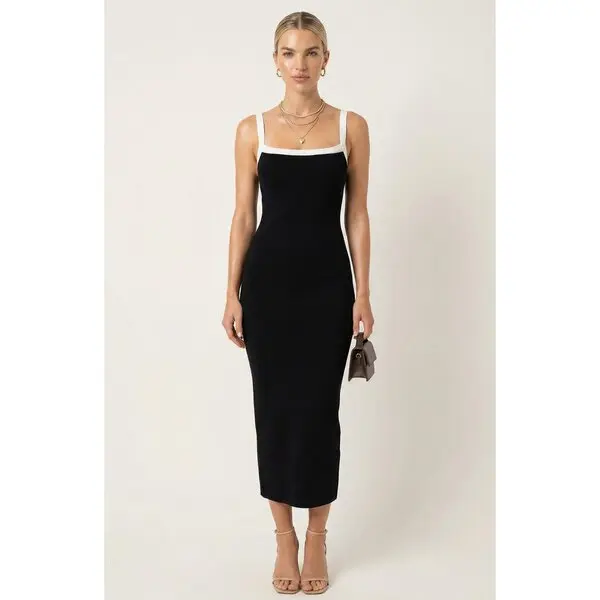 MODENAIRE Square Neck Contrast Trim Midi Dress - Black/white