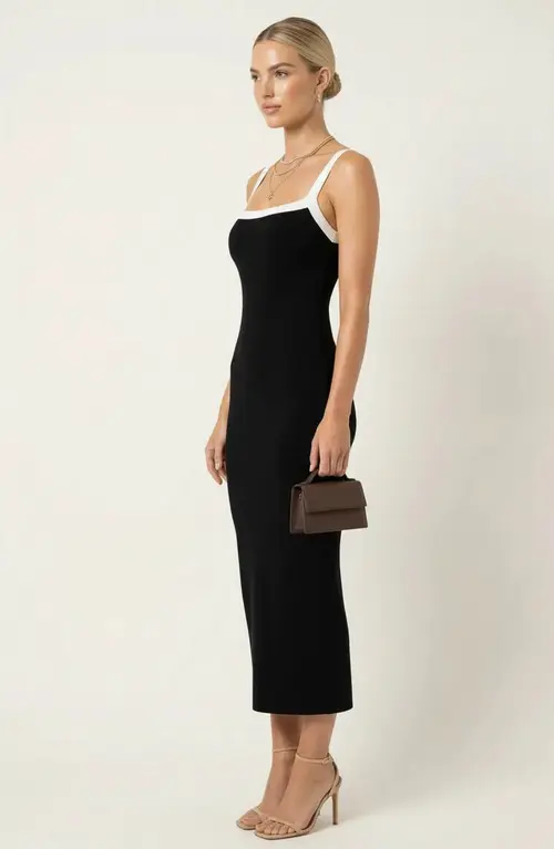 MODENAIRE Square Neck Contrast Trim Midi Dress