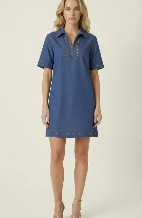 MODENAIRE Studded Half-zip Collared Denim Mini Dress - Mid-wash Blue