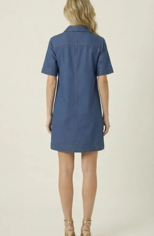 MODENAIRE Studded Collared Denim Mini Dress - Mid-wash Blue