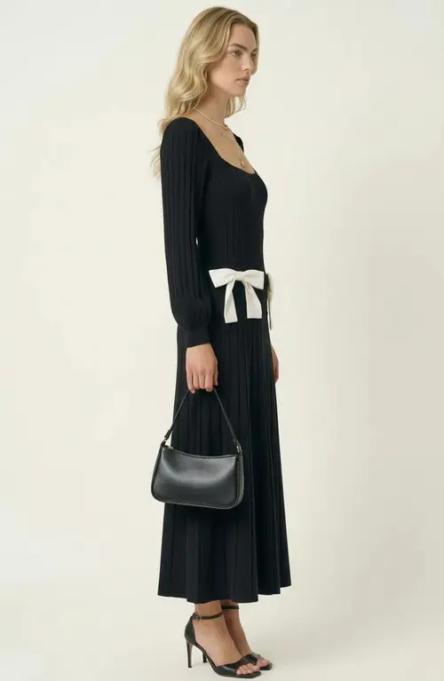 Modenaire Front Bow Flared Sweater Midi Dress - Black | Editorialist