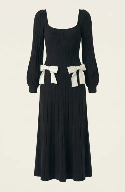 MODENAIRE Front Bow Flared Sweater Midi Dress