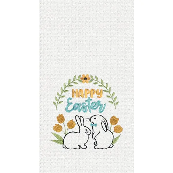 C&F HOME Happy Easter" Bunny Rabbits 100% Cotton Waffle Weave Dishtowel - Yellow