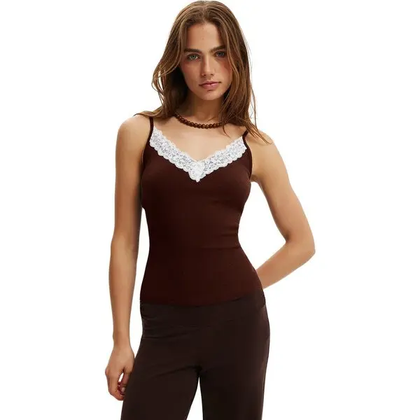 COTTON ON Lace Trim Longline Cami - Dark Oak