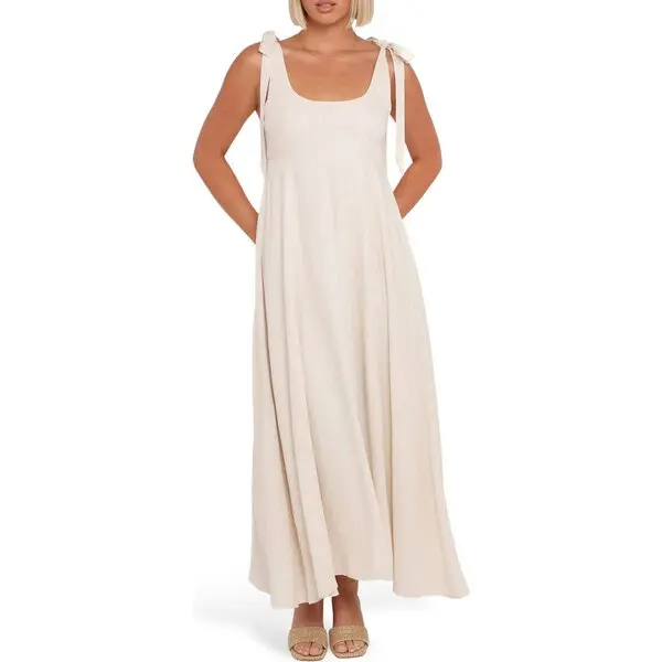 PETAL & PUP Valara Tie Shoulder Maxi Dress - Oatmeal