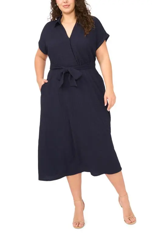 Halogen Tie Belt Textured Midi Dress - Baritone Blue