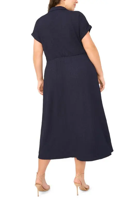 Halogen Tie Belt Textured Midi Dress - Baritone Blue