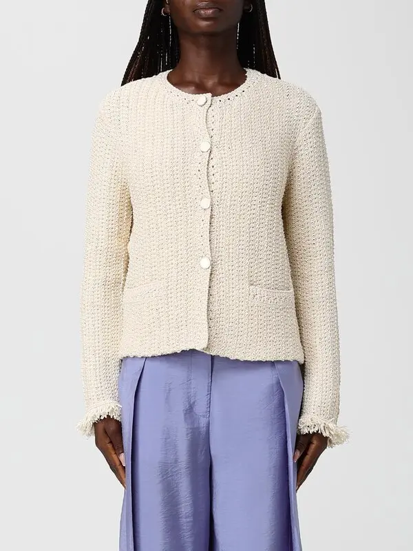 Emporio Armani Cotton Blend Cardigan With Fringe Detail - Beige