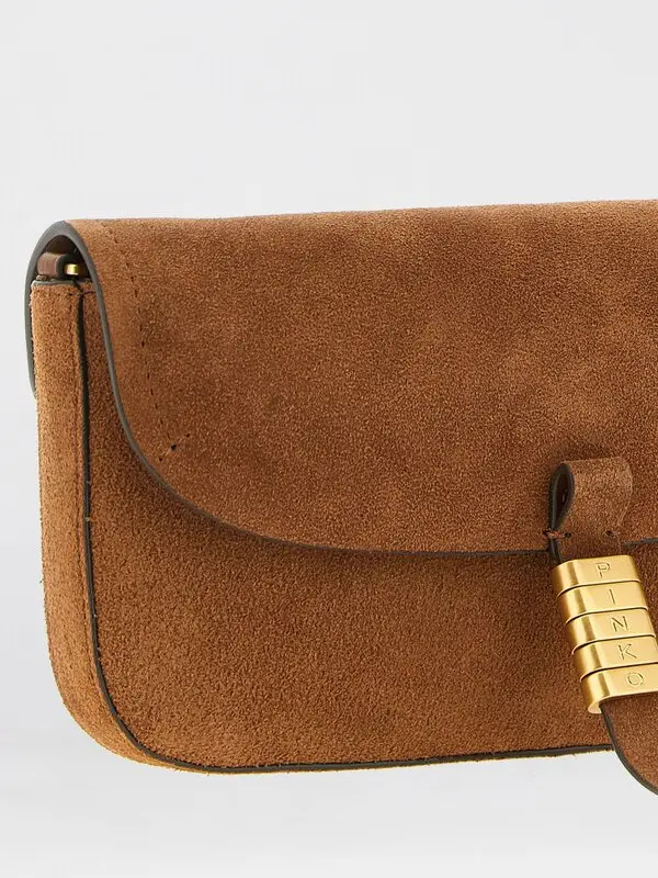 Pinko Saddle Flat Medium Suede Shoulder Bag - Beige