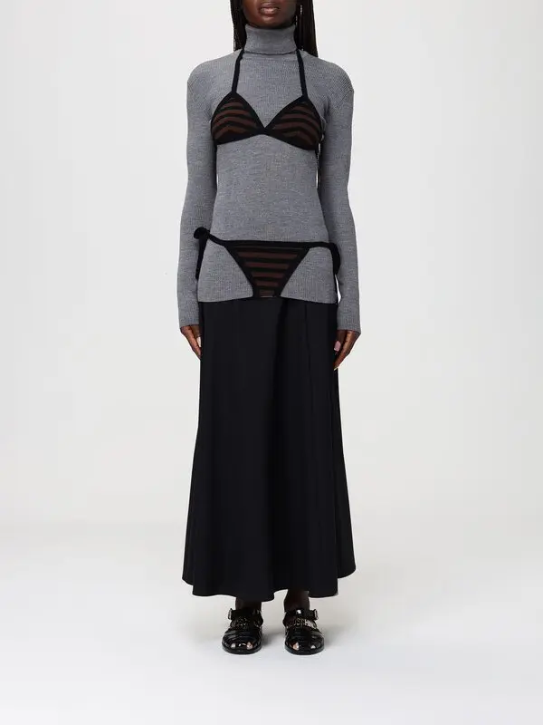 Moschino Virgin Wool Turtleneck Knit Top With Striped Bikini Briefs - Grey