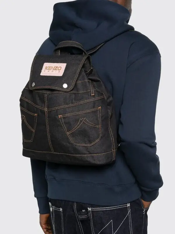 Kenzo Denim Backpack With Logo Applique - Blue