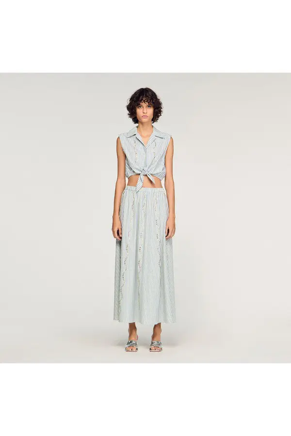 Sandro Cropped Striped Rhinestone Embellished Shirt