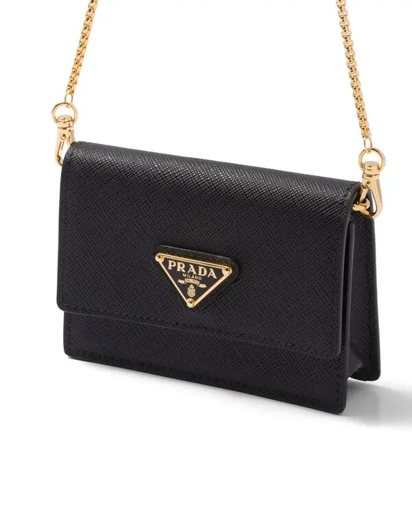 Prada Saffiano Leather Card Holder With Shoulder Strap - Black