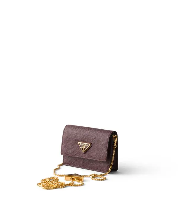 Prada Saffiano Leather Card Holder With Shoulder Strap - Red