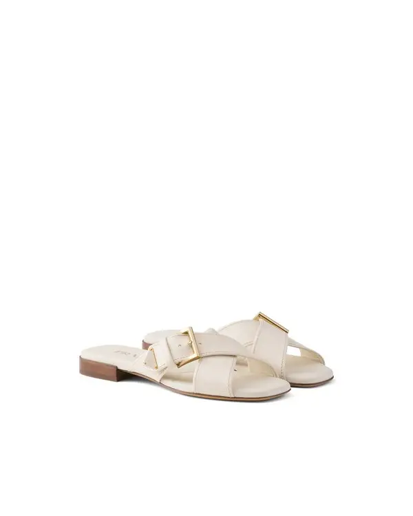 Prada Leather Crisscross Slides With Buckle - Neutral