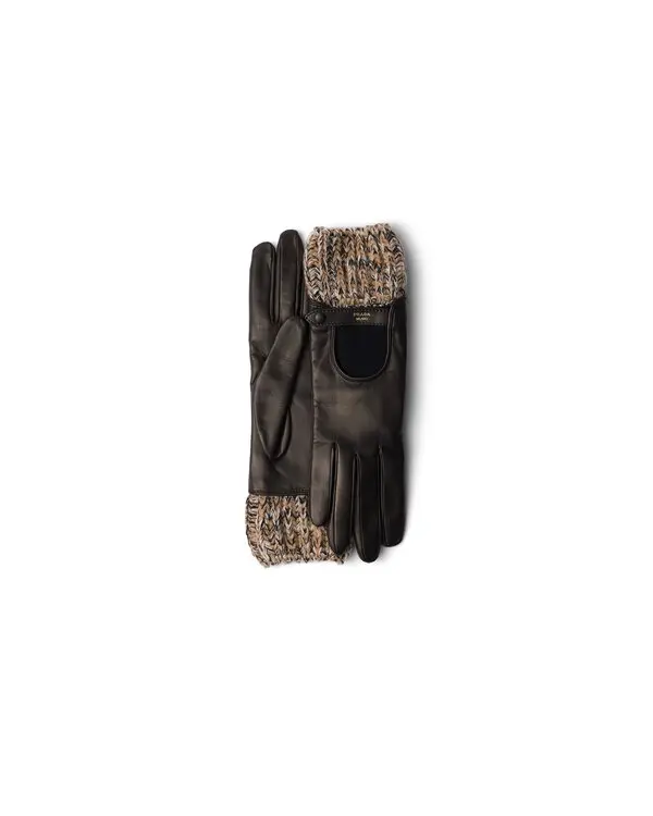 Prada Nappa Leather And Mélange Knit Gloves - Brown