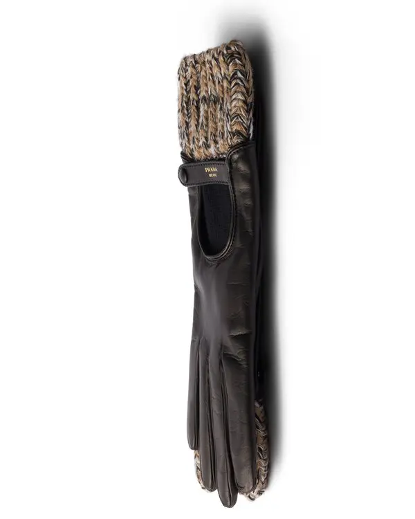 Prada Nappa Leather And Mélange Knit Gloves - Brown