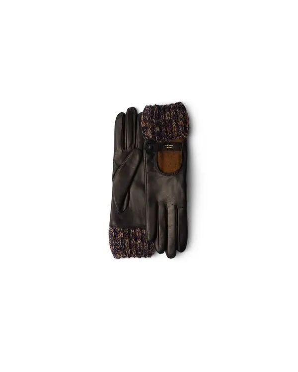 Prada Nappa Leather And Mélange Knit Gloves - Blue