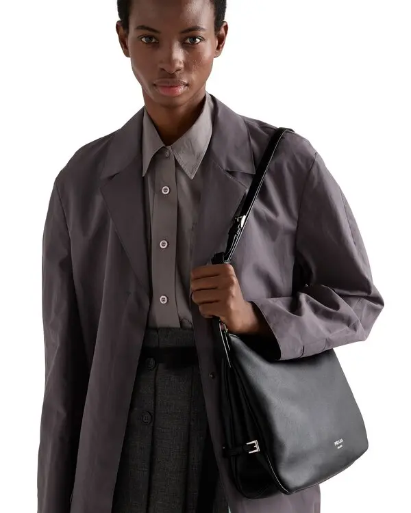 Prada Fold Large Leather Shoulder Bag - Black