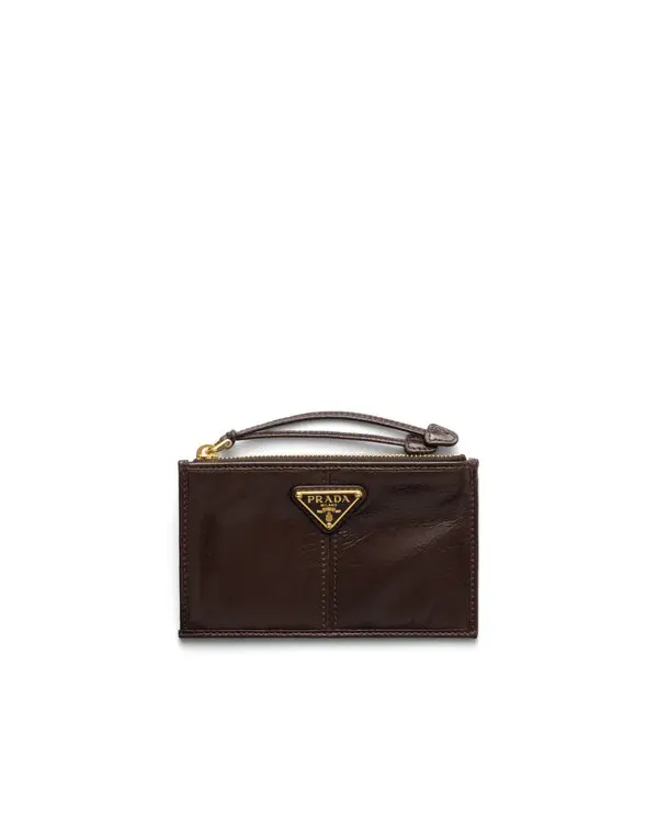 Prada Leather Card Holder With Zipper - Brown