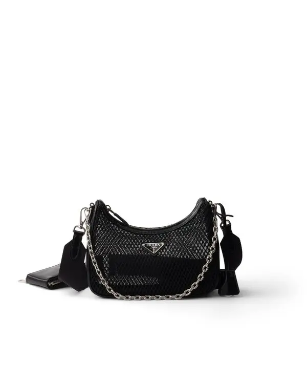 Prada Re-edition 2005 Mesh And Brushed Leather Bag - Black