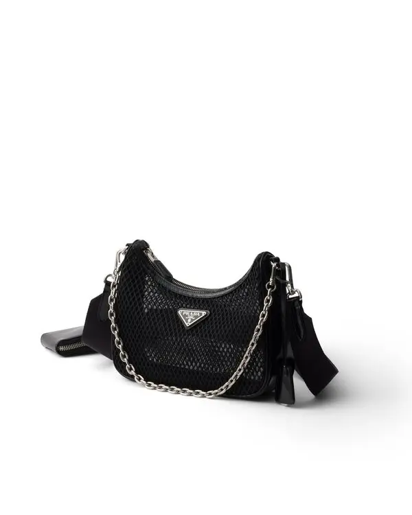 Prada Re-edition 2005 Mesh And Brushed Leather Bag - Black